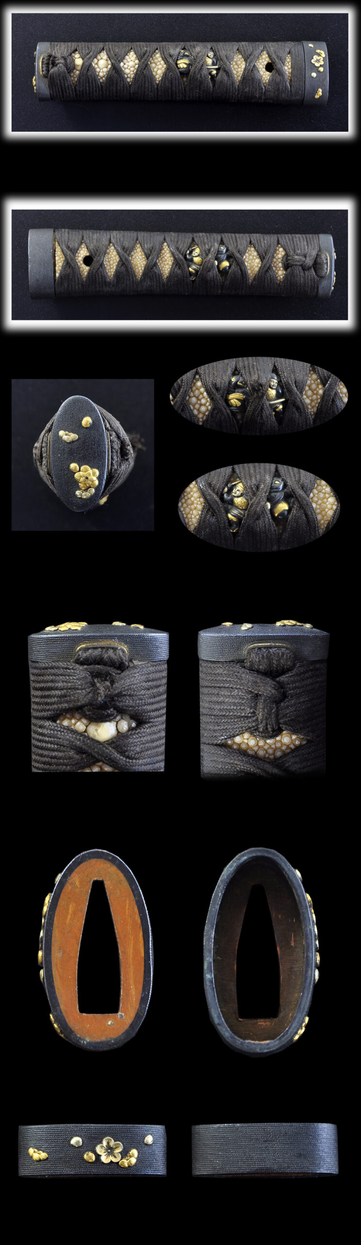 Tsuka:On the Shakudo plate, flower is engraved with gold color ...